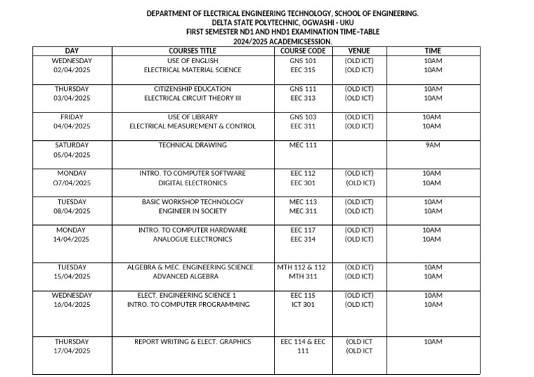 Electrical Engineering Exam Timetable 2025 | PDF