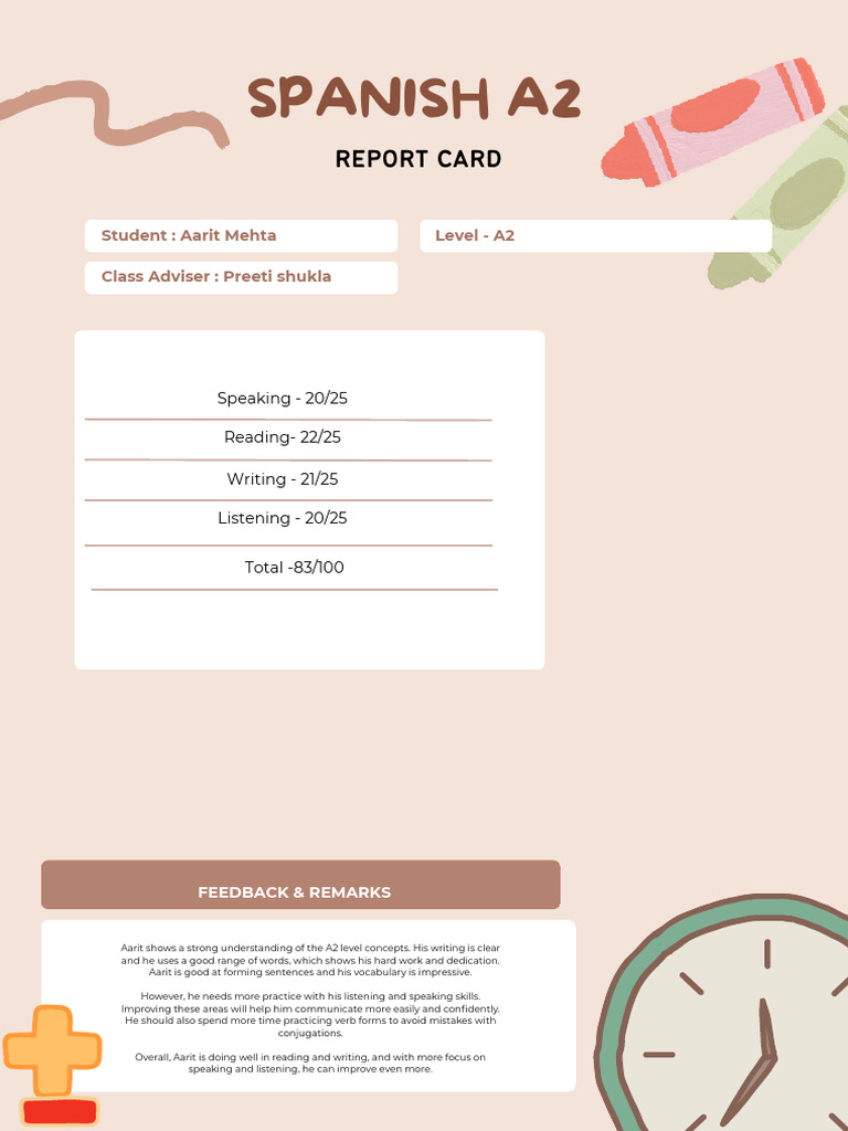 Aarit Mehta's A2 Spanish Report Card | PDF