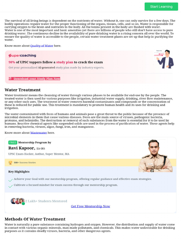Water Treatment Notes - Process, Methods, Importance and Purpose | PDF
