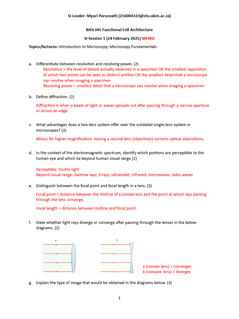 BIOL345 SI Session 1 MEMO | PDF | Angular Resolution | Microscope