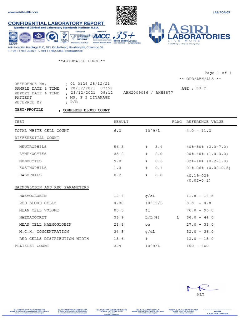 CBC Test Report for Patient MS. P S Liyanage | PDF