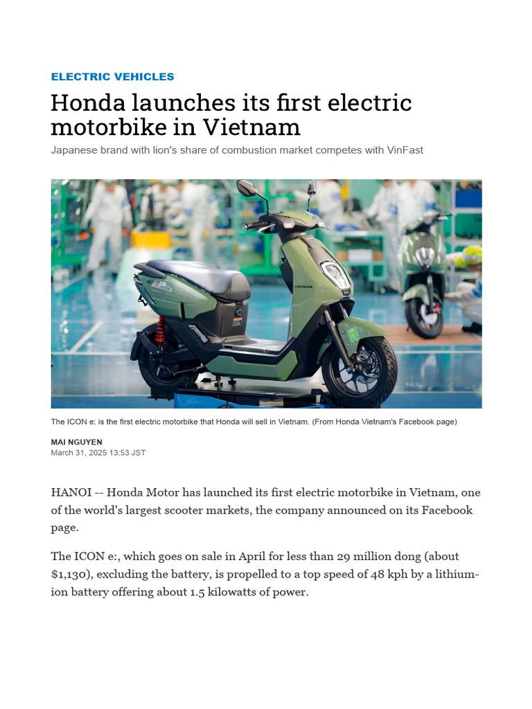 Honda Launches Electric Motorbike in Vietnam | PDF | Motorcycle | Honda