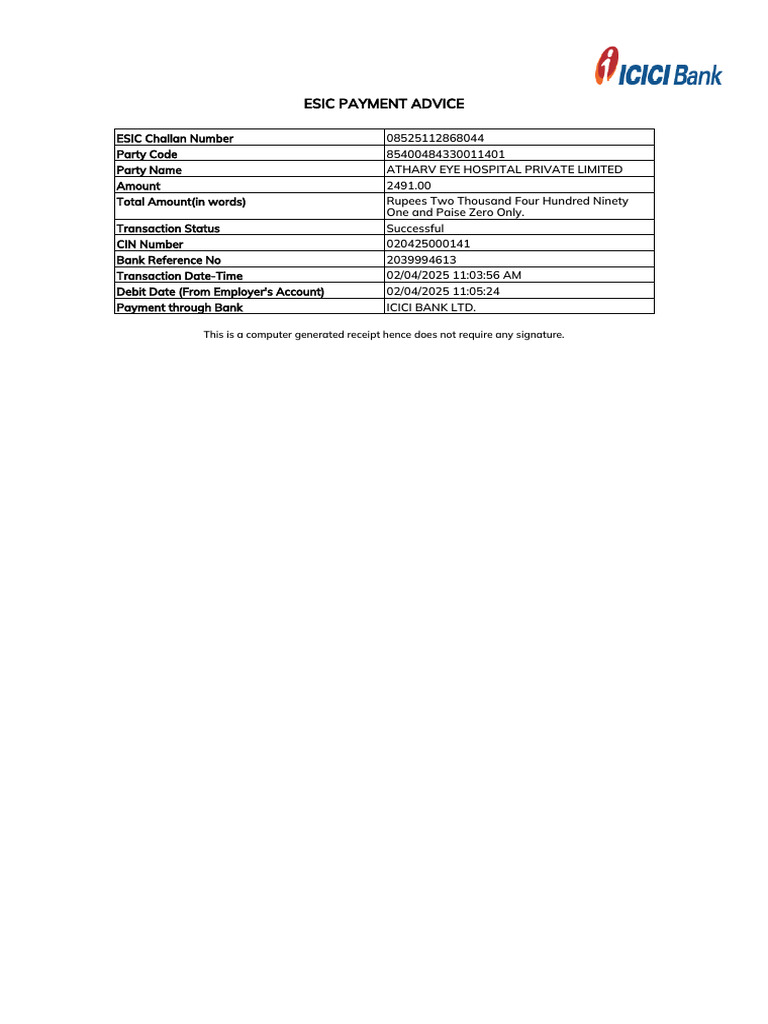 ESIC Payment Advice for Atharv Eye Hospital | PDF