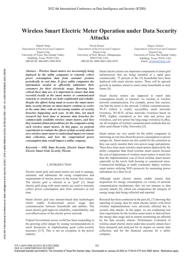 Wireless Smart Electric Meter Operation Under Data Security Attacks | PDF | Smart Grid ...