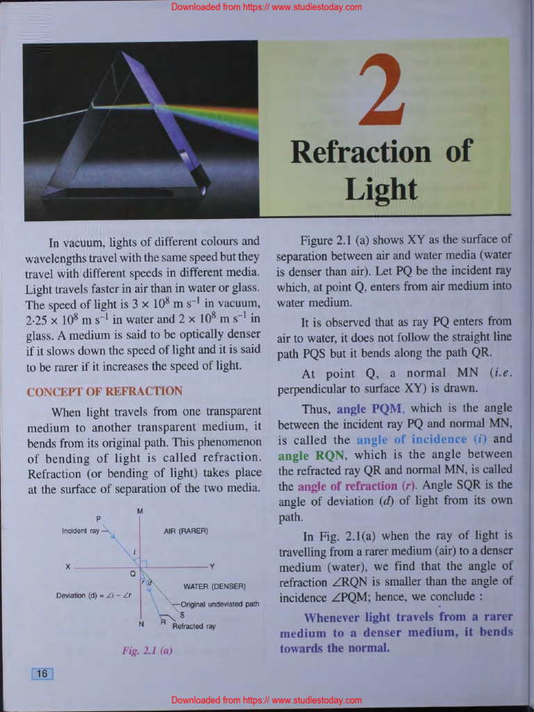 ICSE Class 8 Physics Chapter 02 Refraction of Light | PDF