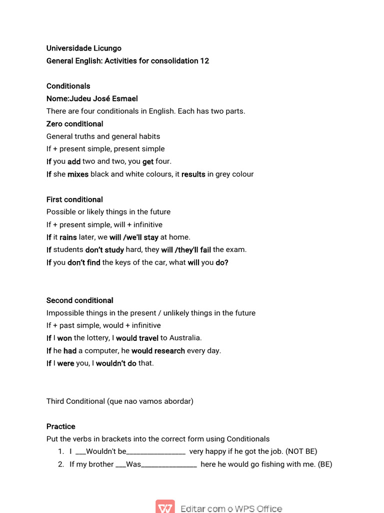 Activities For Consolidation 12 Conditionals | PDF | Semantic Units | Grammar