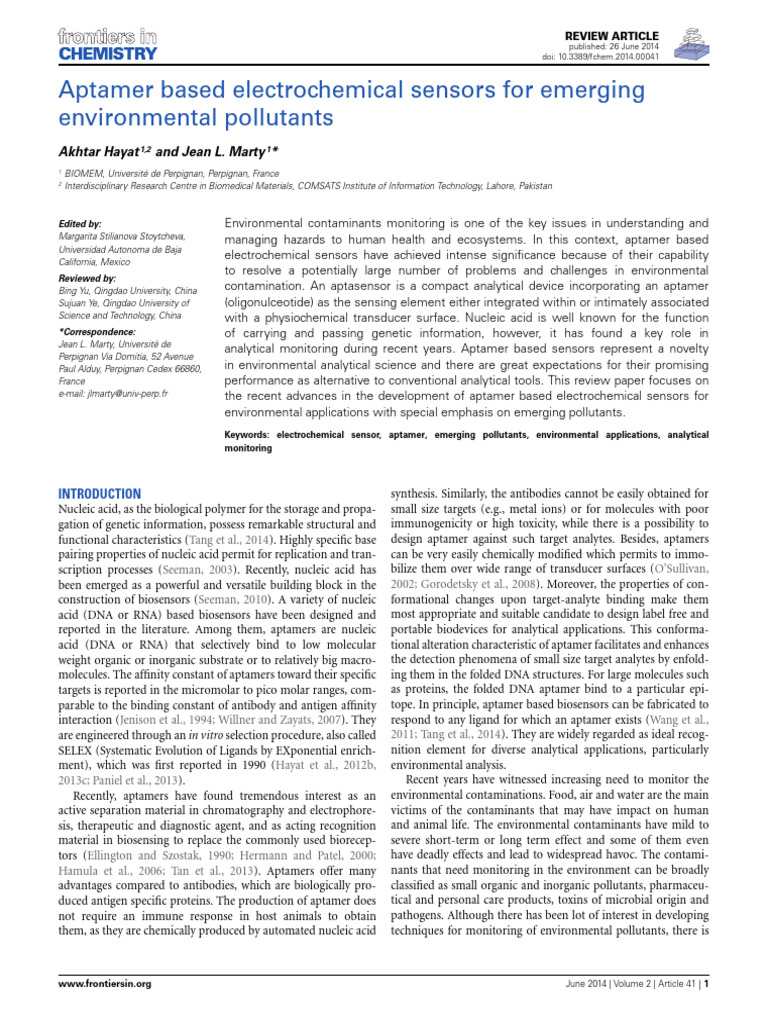 Aptamer Based Electrochemical Sensors For Emerging Environmental ...