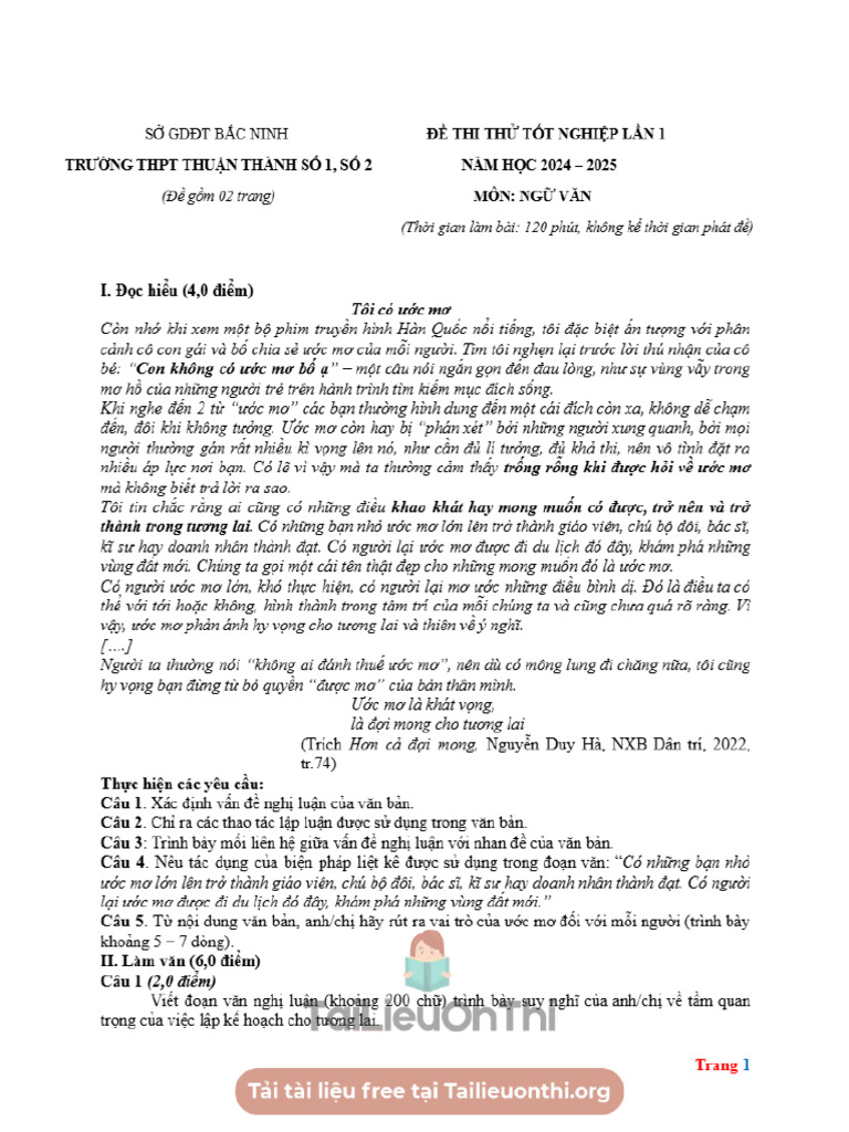 18. Đề thi thử tốt nghiệp THPT 2025 Ngữ Văn THPT Thuận Thành - Bắc Ninh - có lời giải | PDF