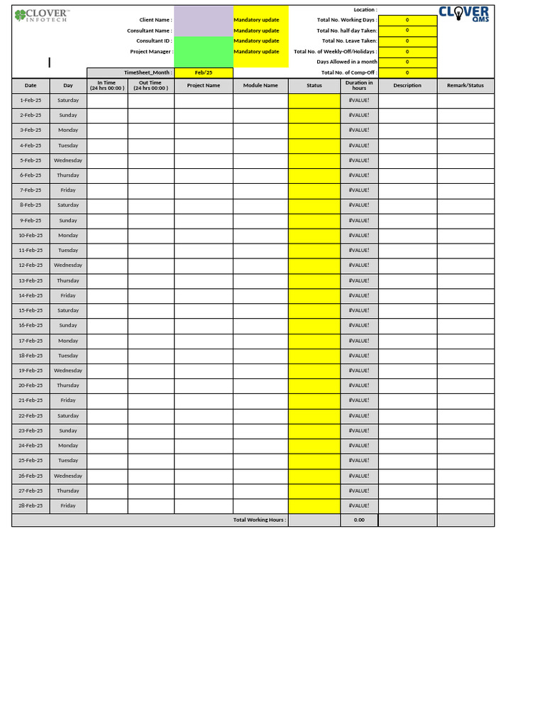 QMS-L4-FR-PMO-01 - Timesheet Format (0 Days Allowed) v4 - Feb25 | PDF