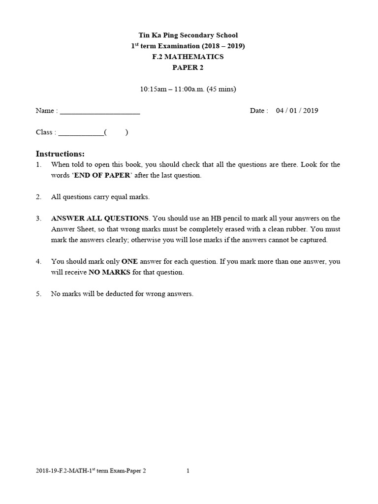 F.2 Mathematics 1st Term Exam Paper 2 | PDF | Angle | Euclidean Geometry