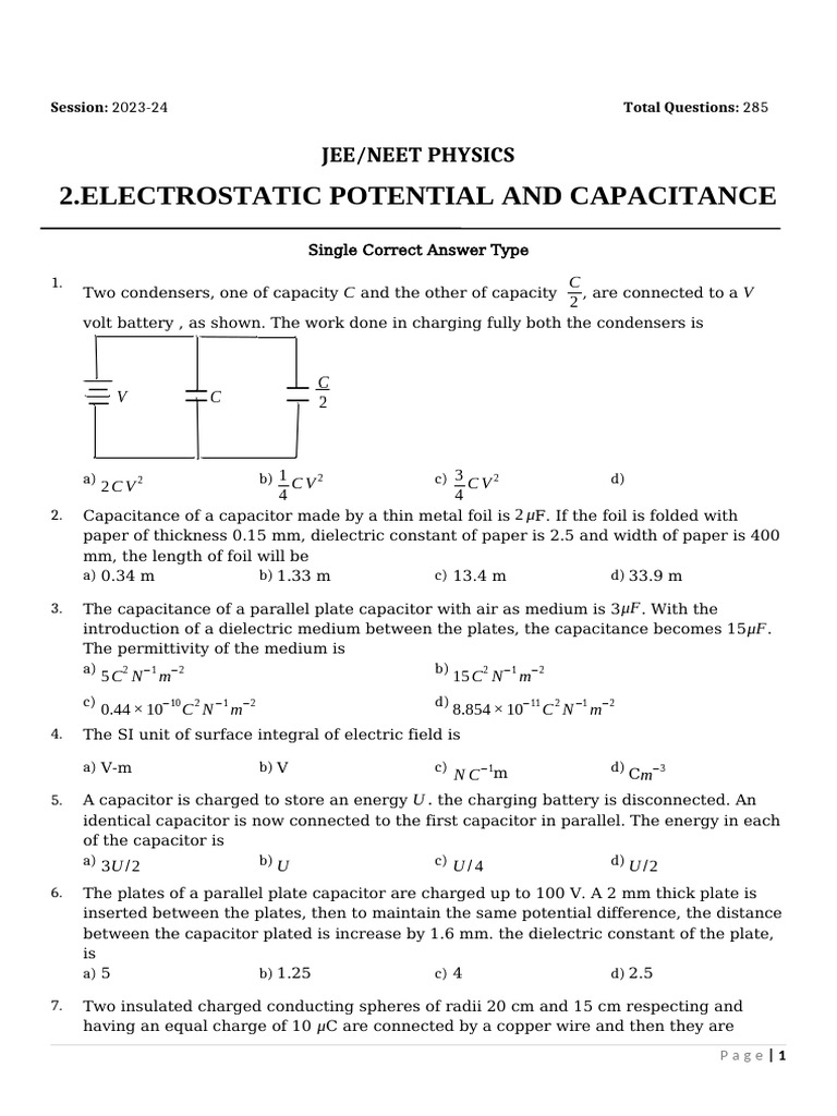 Electrostatic Potential and Capacitance-1 | PDF | Capacitor | Capacitance