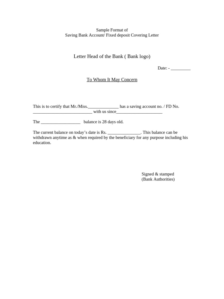 Sample Format of SB or FD Covering Letter | PDF