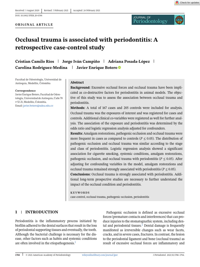 Journal of Periodontology - 2021 - R%C3%ADos - Occlusal trauma is ...
