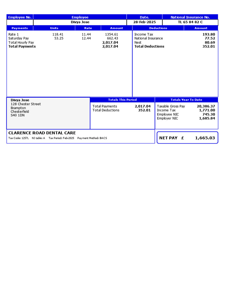CLARENCE ROAD DENTAL CARE - Employee Payslip For Feb-2025 For Divya ...