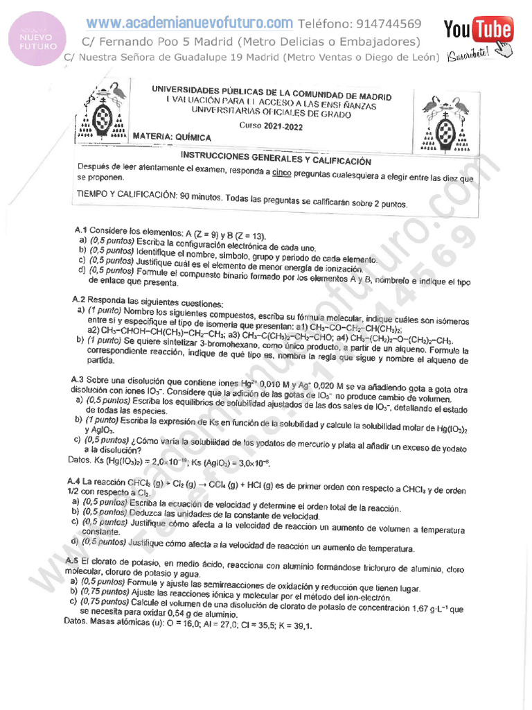 Examen Quimica Selectividad Madrid Junio 2022 Enunciado | PDF