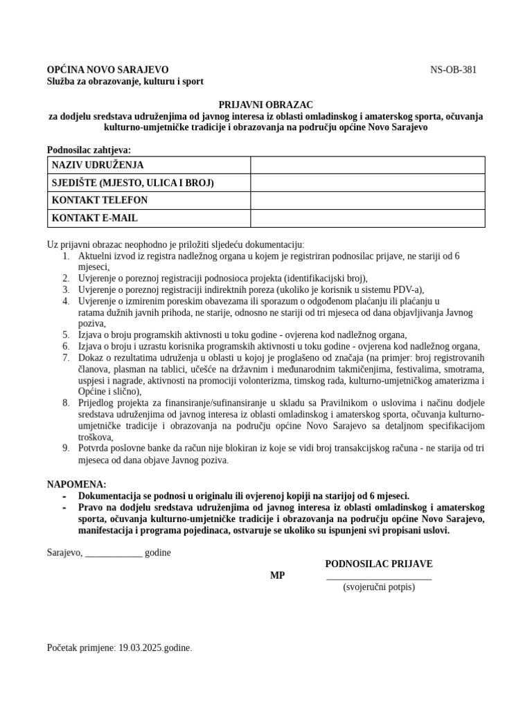 NS-OB-381 Prijavni Obrazac Za Dodjelu Sredstava Udruženjima Od Javnog ...