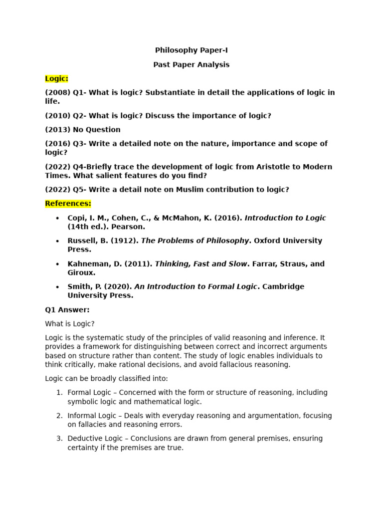 Past Paper Analysis - Philosophy | PDF | Logic | Reason