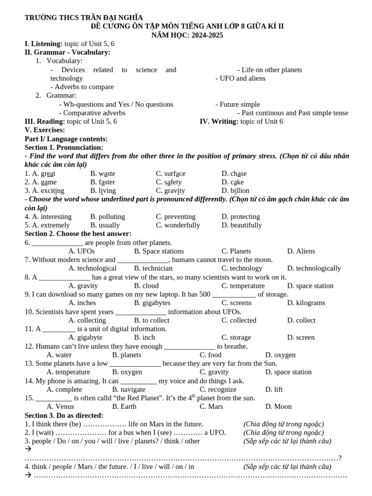 2425 - Tieng Anh 8 - de Cuong Giua Ki II - TDN | PDF | Mars | Planets