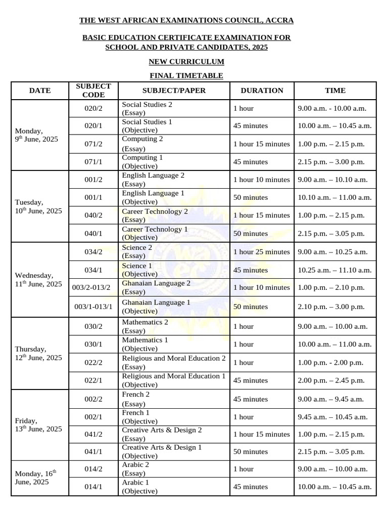 BECE 2025 Final Timetable Released | PDF