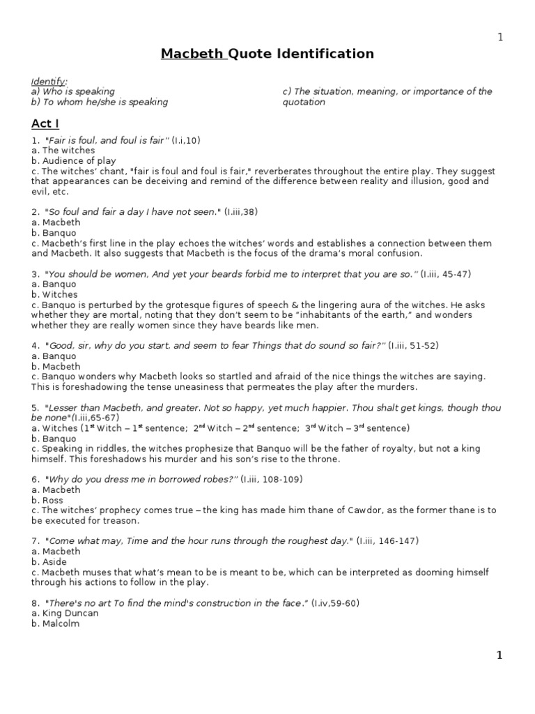 Key Quotes and Analysis in Macbeth | PDF | Macbeth | Shakespearean ...