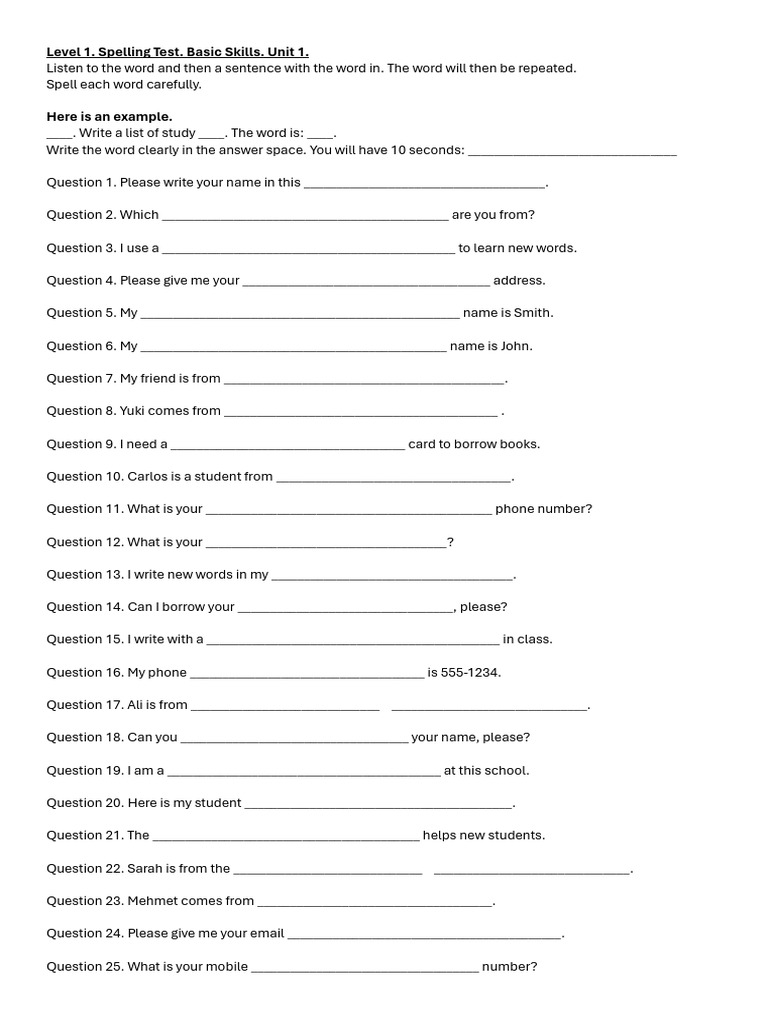 Level 1 Spelling Test Instructions | PDF