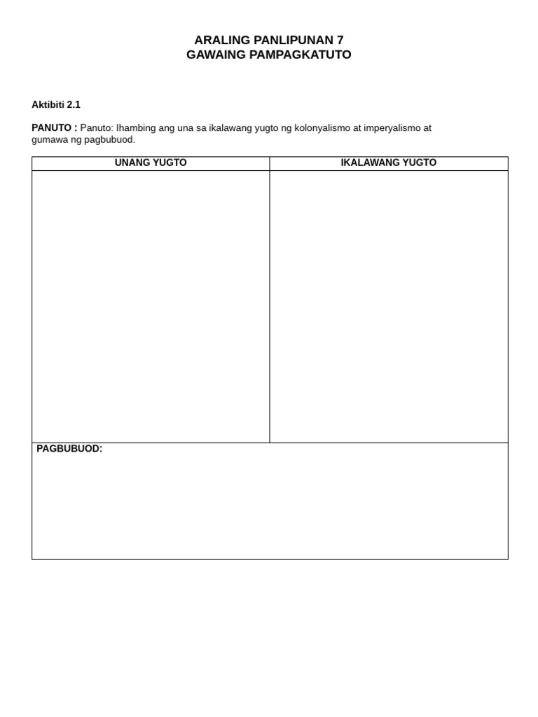 Activity For Grade 7 - AP 2.1 Kolonyalismo | PDF