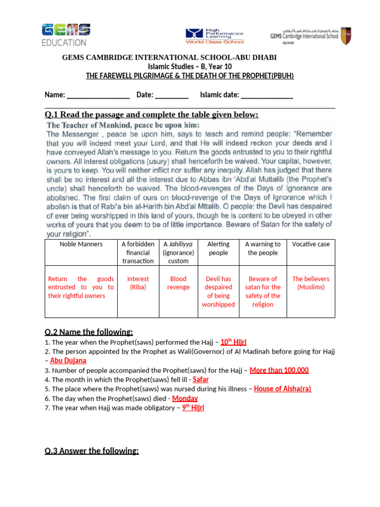 WEEK 1 - (Solved) The Farewell Pilgrimage The Death of The Prophet ...