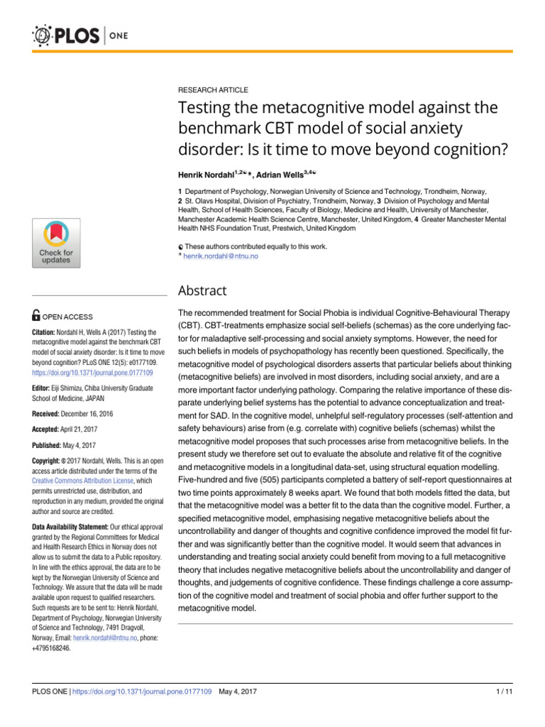 Testing The Metacognitive Model For Social Anxiety | PDF | Social ...