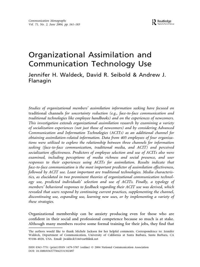 Organizational Assimilation and Communication Technology Use | PDF ...