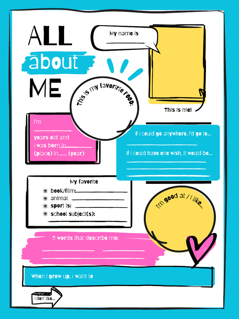 All About Me Worksheet in Blue Yellow Pink Comic Style | PDF