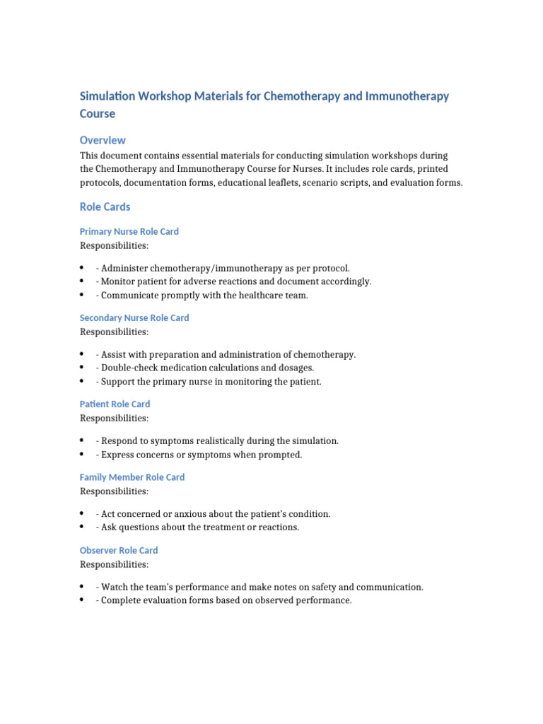 Simulation Workshop Scenario Cards | PDF | Chemotherapy | Nursing