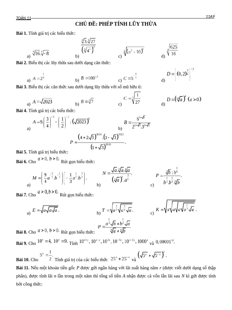 HK2 - Toan 11 - Phep Tinh Luy Thua | PDF