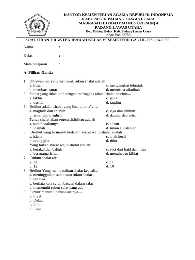 Soal Praktek Ibadah Kelas Vi Semeterr Ganjil TP 2024 | PDF