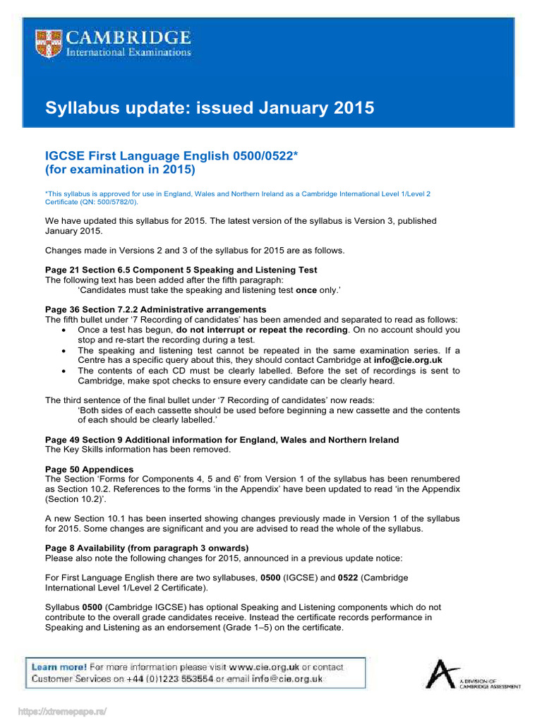 Syllabus Update: Issued January 2015: IGCSE First Language English 0500 ...