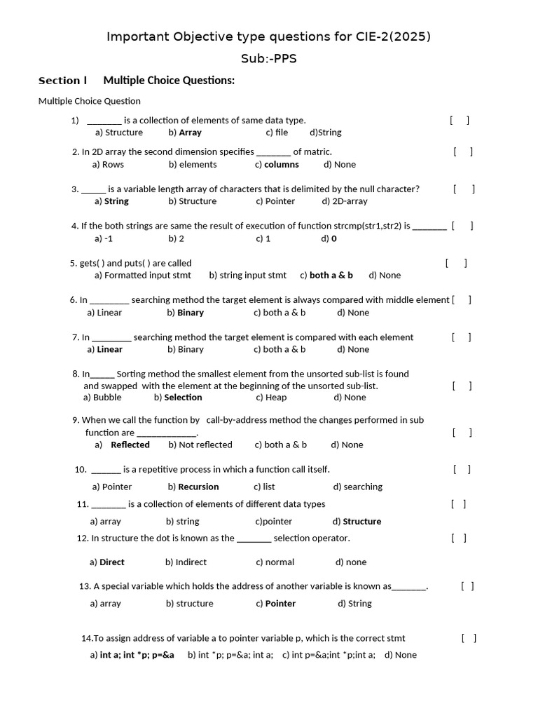 MCQs and fill in the blanks Question(2025) | PDF | Pointer (Computer Programming) | Matrix ...
