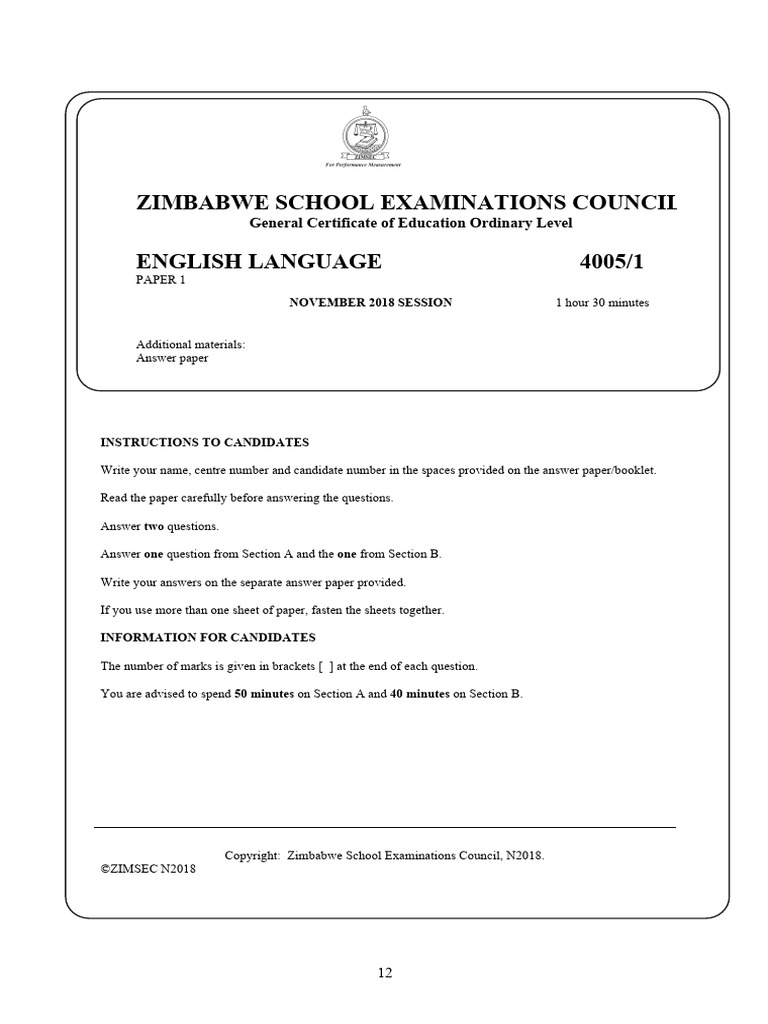 Zimsec O Level English November 2018 Past Exam Paper 1 | PDF | Essays ...
