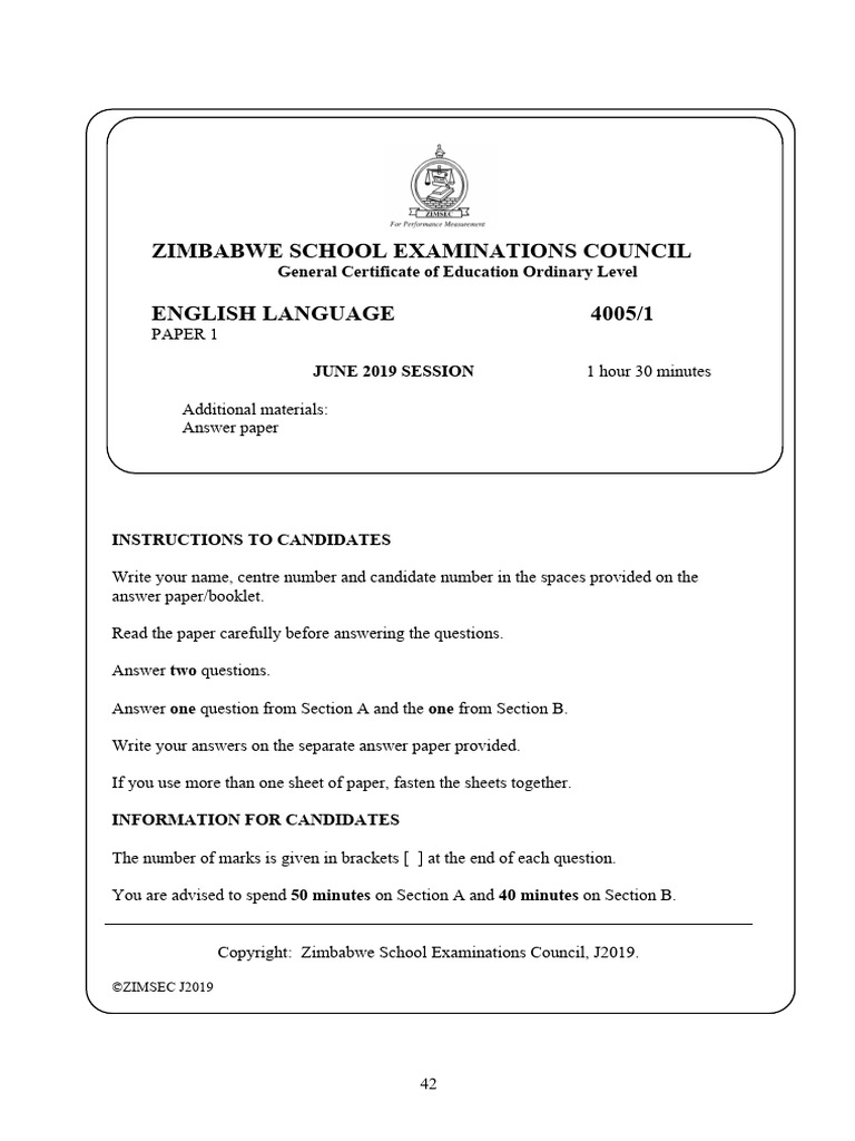 Zimsec O Level English June 2019 Past Exam Paper 1 | PDF | Qualifications