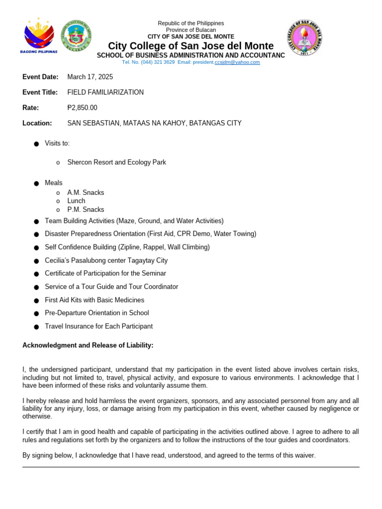 Seas Shercon Educational Tour 2025 Waiver | PDF | Safety | Private Law