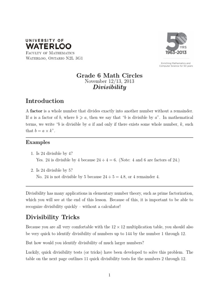 Junior6 Divisibility Nov12 | PDF | Mathematics | Arithmetic