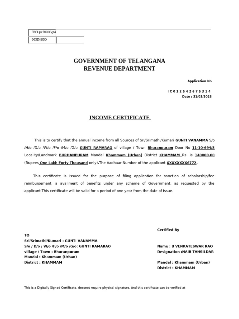 Telangana Income Certificate Details | PDF