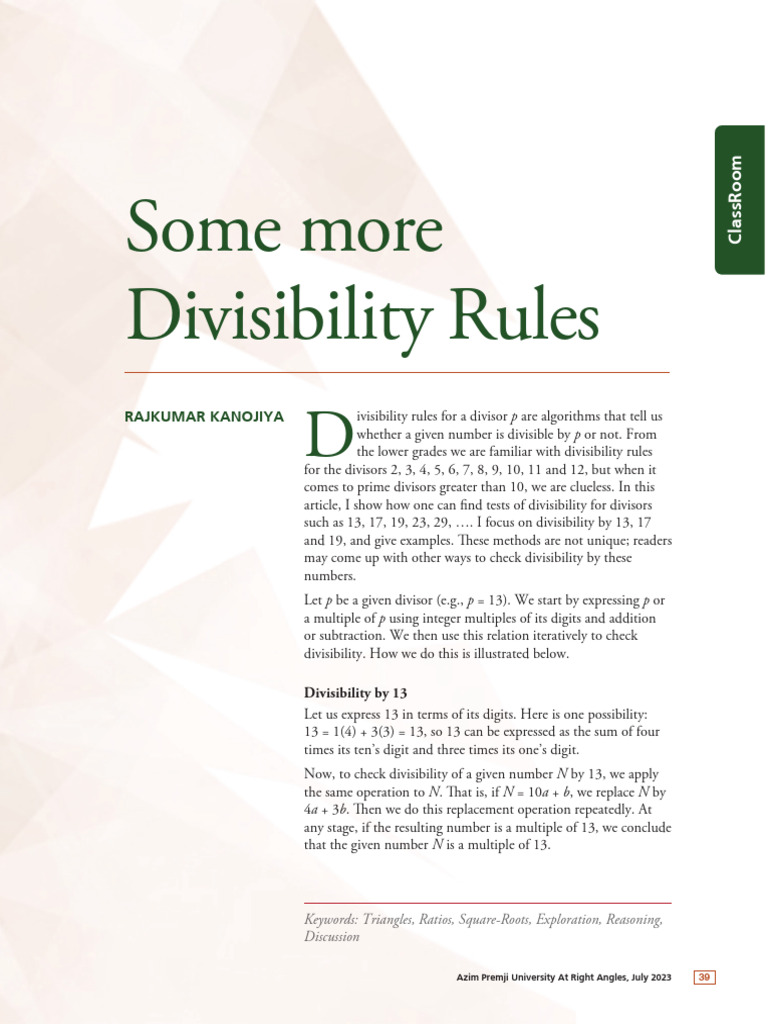 07 SOME MORE DIVISIBILITY RULES Imp | PDF | Discrete Mathematics ...