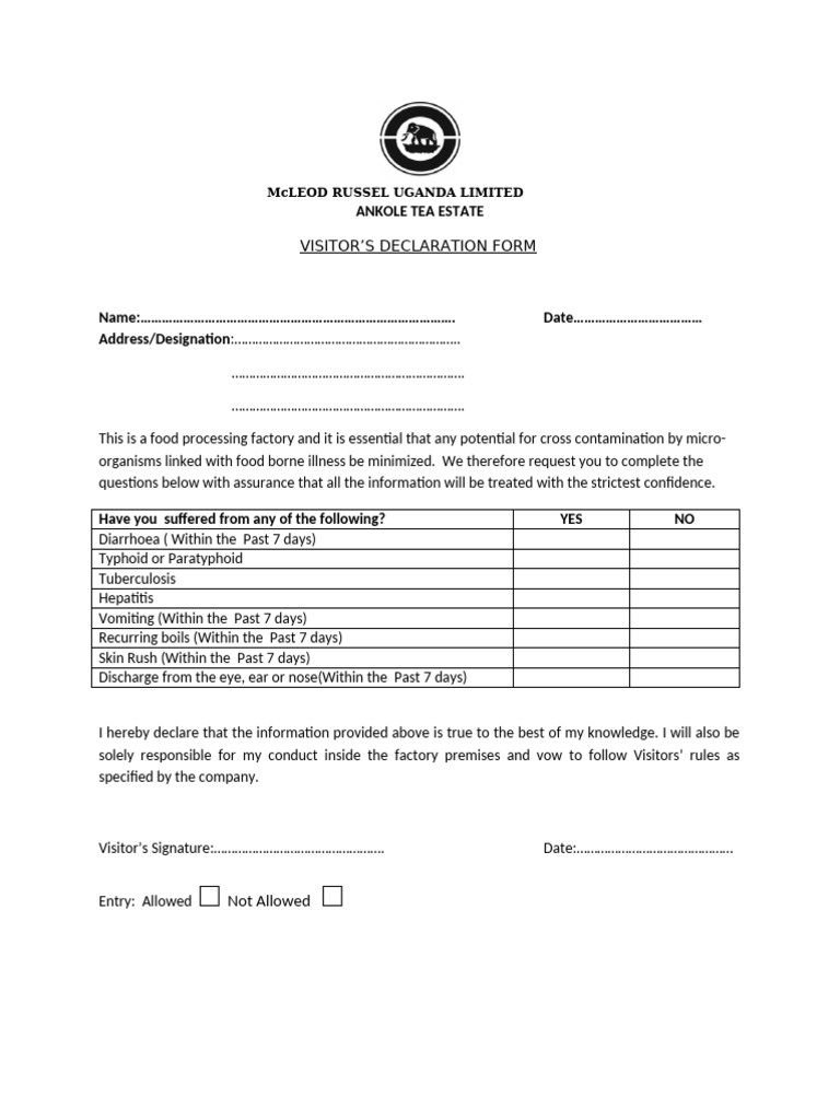 Visitor Declaration for Ankole Tea Estate | PDF