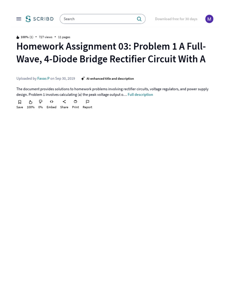 Homework Assignment 03 - Problem 1 A Full-Wave, 4-Diode Bridge Rectifier Circuit With A - PDF ...