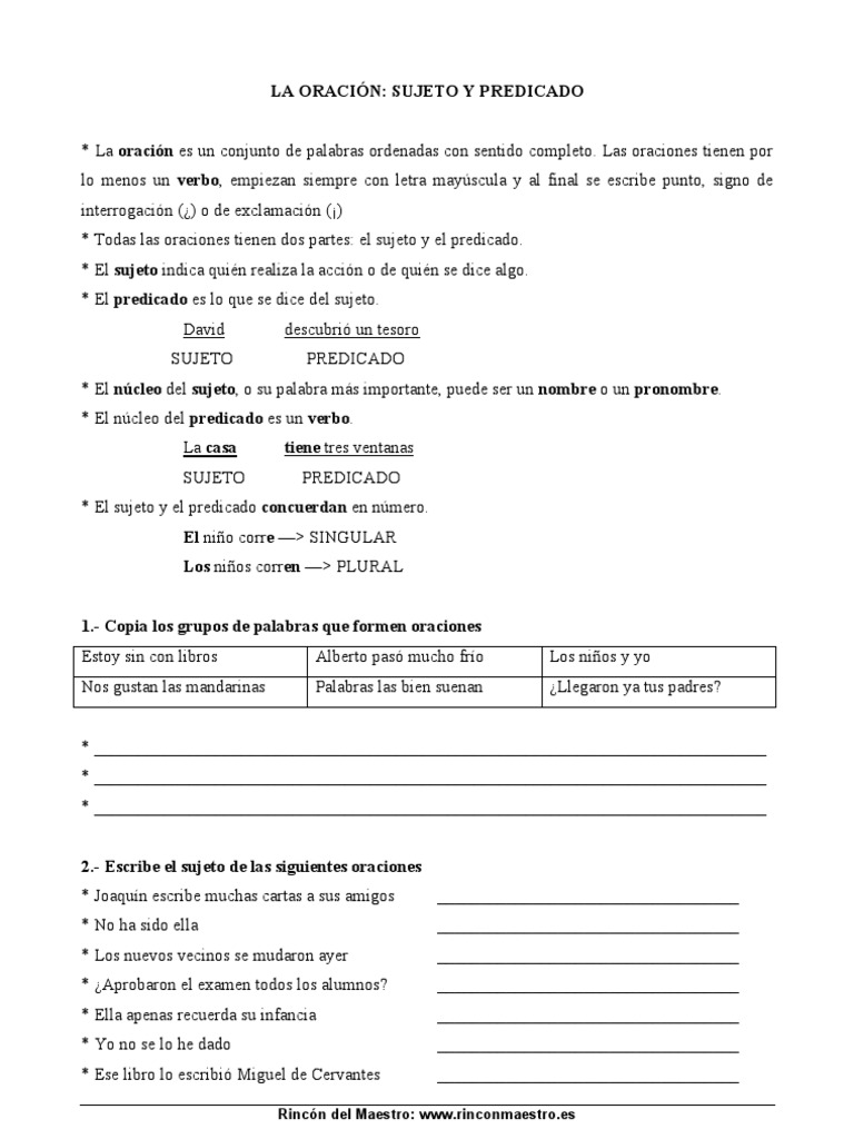 la oración, el sujeto y el predicado (1) | Asunto (gramática ...