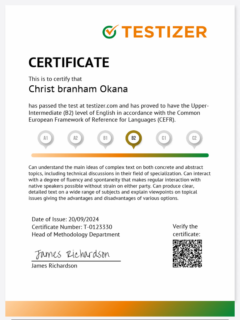 Testizer B2 English Certificate | PDF