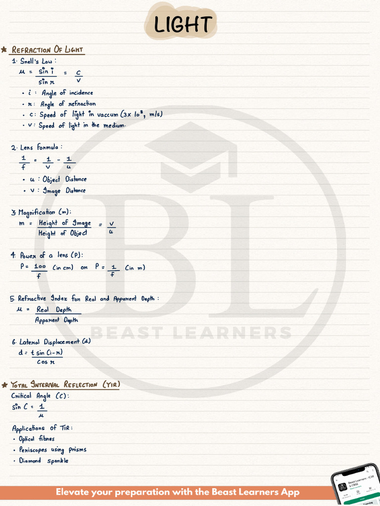 Physics Light Formula Notes Class 10th | PDF