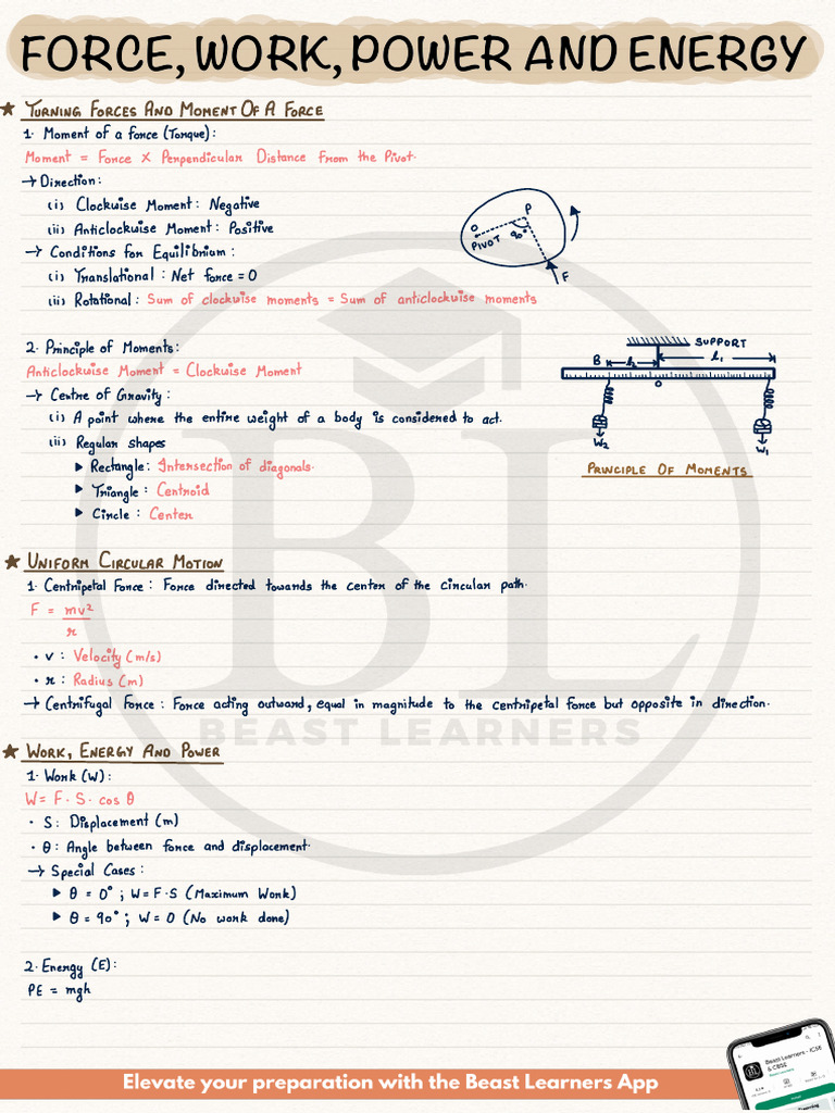 Work Energy and Power Formula Sheet Class 10 | PDF | Lever | Force