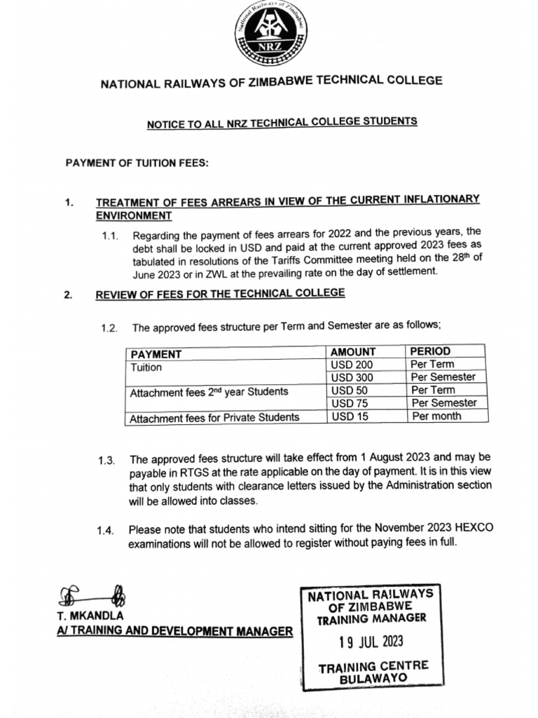 NRZ Exam Fees Structure 2024 | PDF