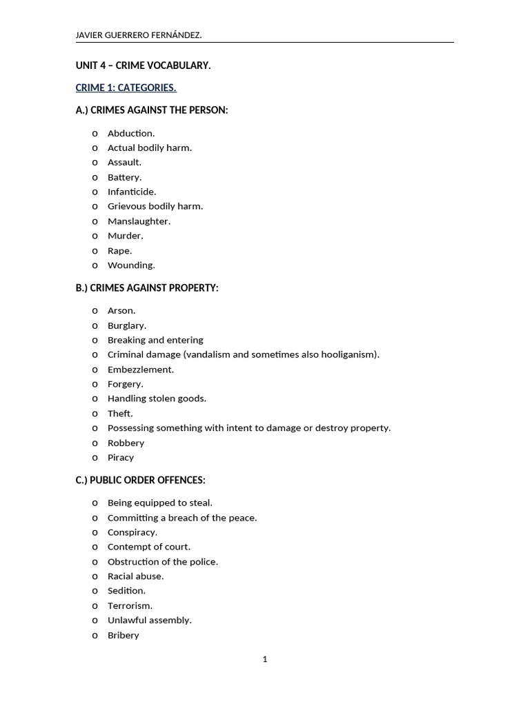 Unit 4 Crimes Vocabulary | PDF | Crimes | Crime & Violence