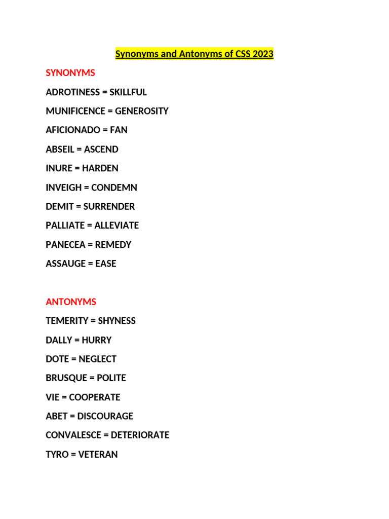 Synonyms and Antonyms of CSS | PDF